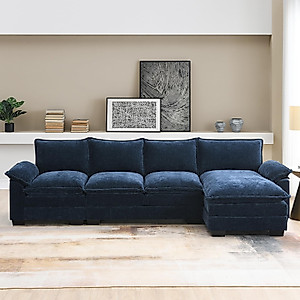 KIVENJAJA 118” Chenille Modular Sectional Sofa Couch, Modern L-Shaped 4-Seater Cloud Sleeper Couches with Chaise & Deep Seat for Living Room Office Apartment, Navy Blue
