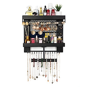 Pinzoveco Hanging Jewelry Organizer Wall Mounted With Wall Jewelry Organizer Holder For Necklaces Bracelet Earrings Ring (Black)