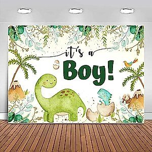 Sensfun It's a Boy Dinosaur Baby Shower Backdrop Decorations Eucalyptus Leaves Cartoon Jungle Dinosaurs Photography Background Boy Dino Baby Shower Party Kids Newborn Banner Photo Booth Supplies 7x5ft