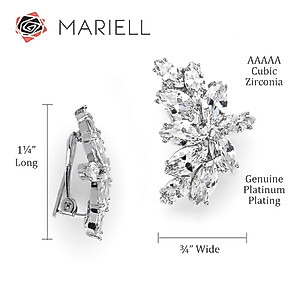 Mariell Clip-On Cubic Zirconia Crystal Bridal Earrings, Marquis Shape CZ Curved Clusters, Non-Pierced Earrings for Wedding, Bridesmaids, Homecoming, Mother of the Bride