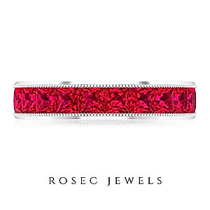 Rosec Jewels Certified Lab Grown Ruby Eternity Band Ring for Women, Ruby Anniversary Ring, Aaaa Quality - Ready To Gift, 14K White Gold, Size:US 10.00