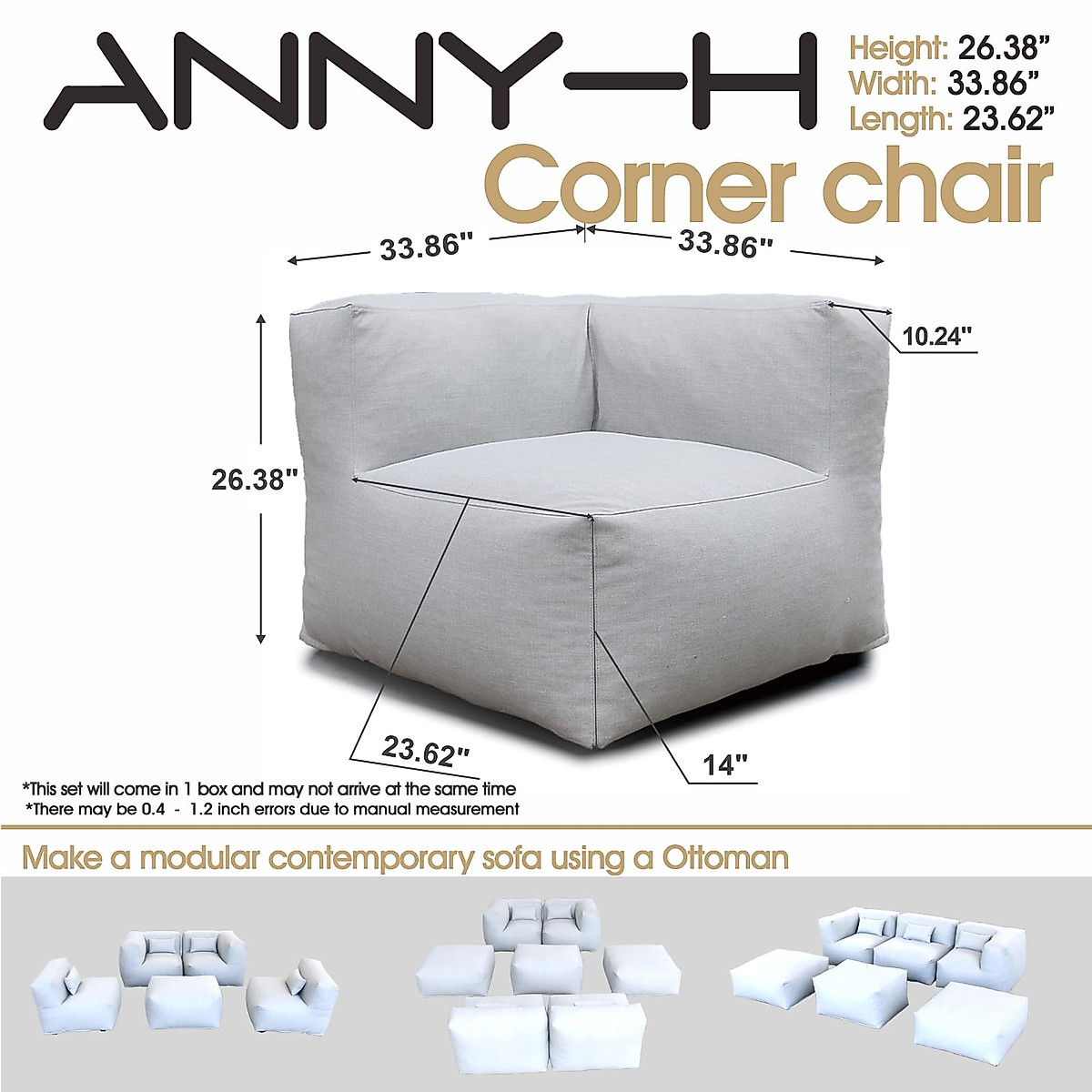 Dineli Modern ANNY-H Corner Chair Outdoor Furniture Patio Couch Creating a Unique Patio Garden Modular Contemporary Sofa (Light Gray)