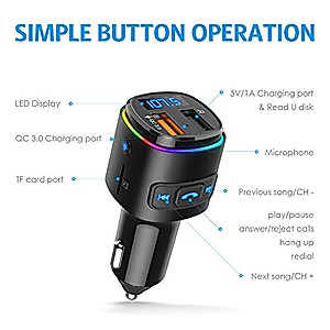 Upgraded Criacr V5.0 Bluetooth FM Transmitter for Car, QC3.0 Charge & 7 RGB Color LED Backlit Wireless FM Radio Car Adapter, Support Siri Google Assitant, U Disk, SD Card, Hands-Free Calls Kit