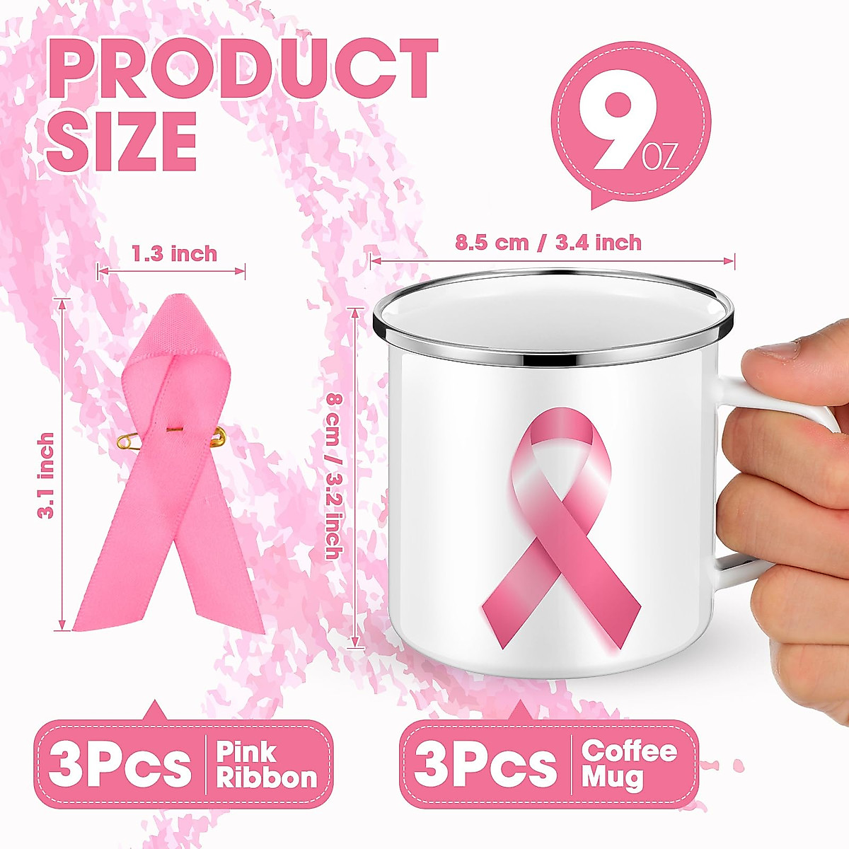 Potchen 3 Set Breast Cancer Awareness Mini Coffee Mug with Pink Ribbon Pin Pink Ribbon Enamel Mugs Breast Cancer Mini Drinking Cups for Tiered Tray Decoration Breast Cancer Survivor Gifts for Women