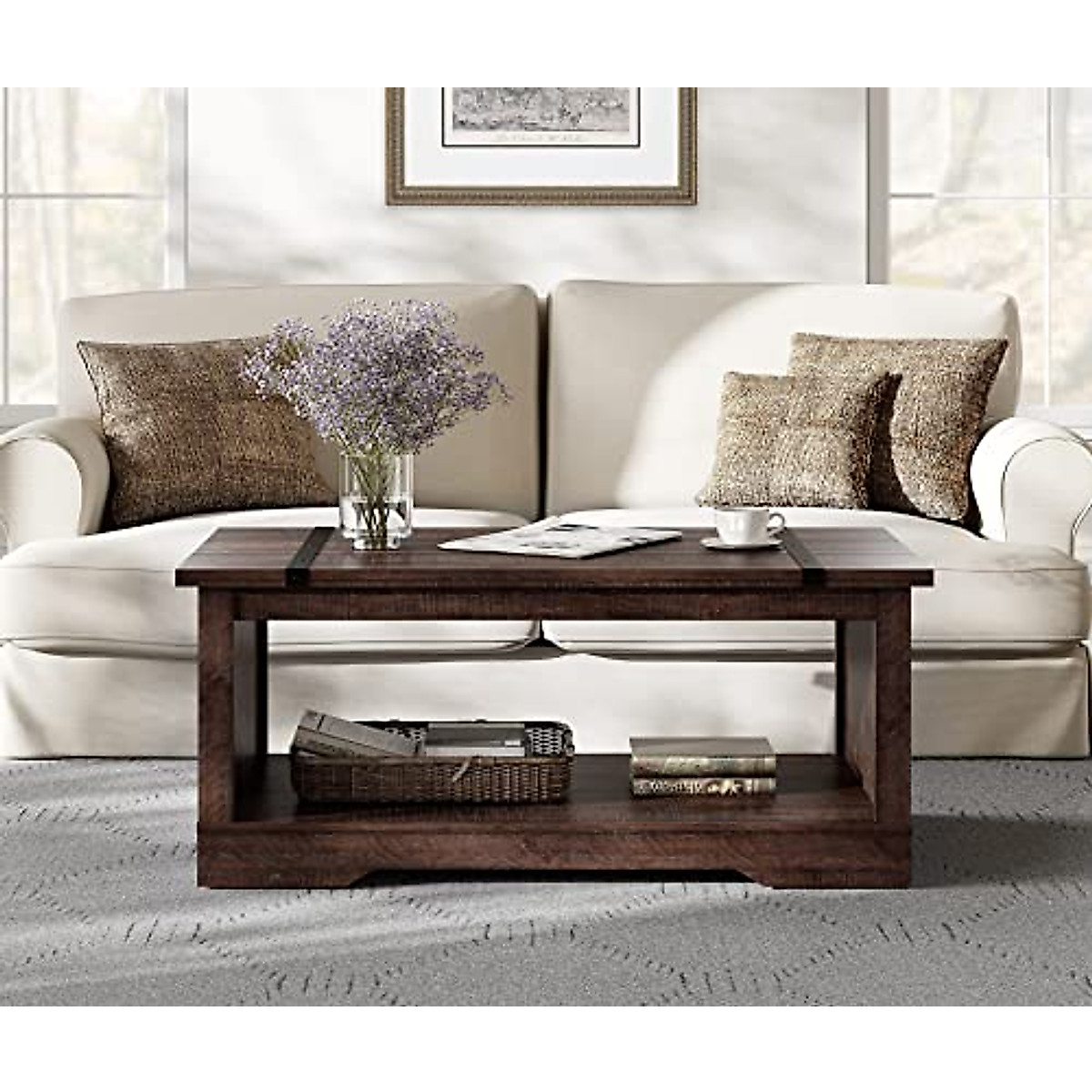 WAMPAT Modern Farmhouse Coffee Table, Rectangle Wood Center Table with Open Storage for Living Room, Spliced Wood Desktop, Riveted Metal Bars, Prismatic Decor, 42 Inch, Rustic Brown