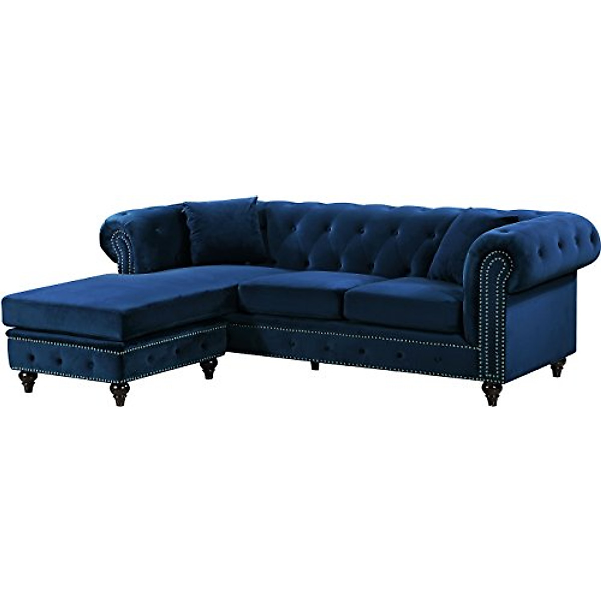 Meridian Furniture Sabrina REVERSIBLE 2 Piece Button Tufted Velvet Sectional with Scroll Arms, Nailhead Trim, and Custom Wood Legs, Navy