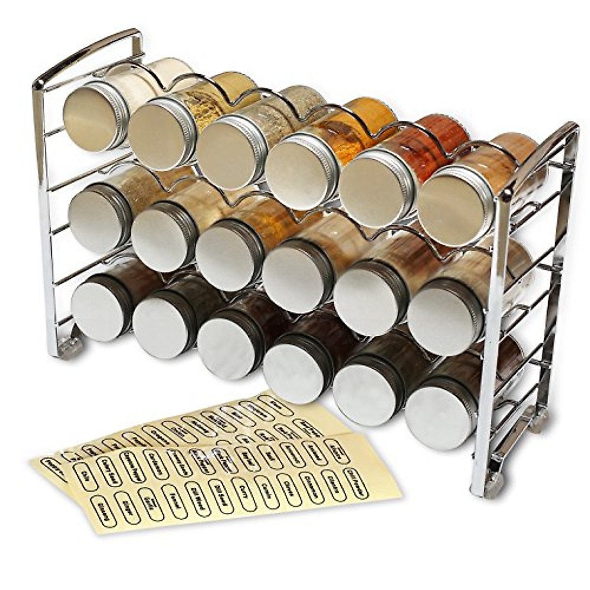 DecoBros Spice Rack Stand holder with 18 bottles and 48 Labels, Chrome
