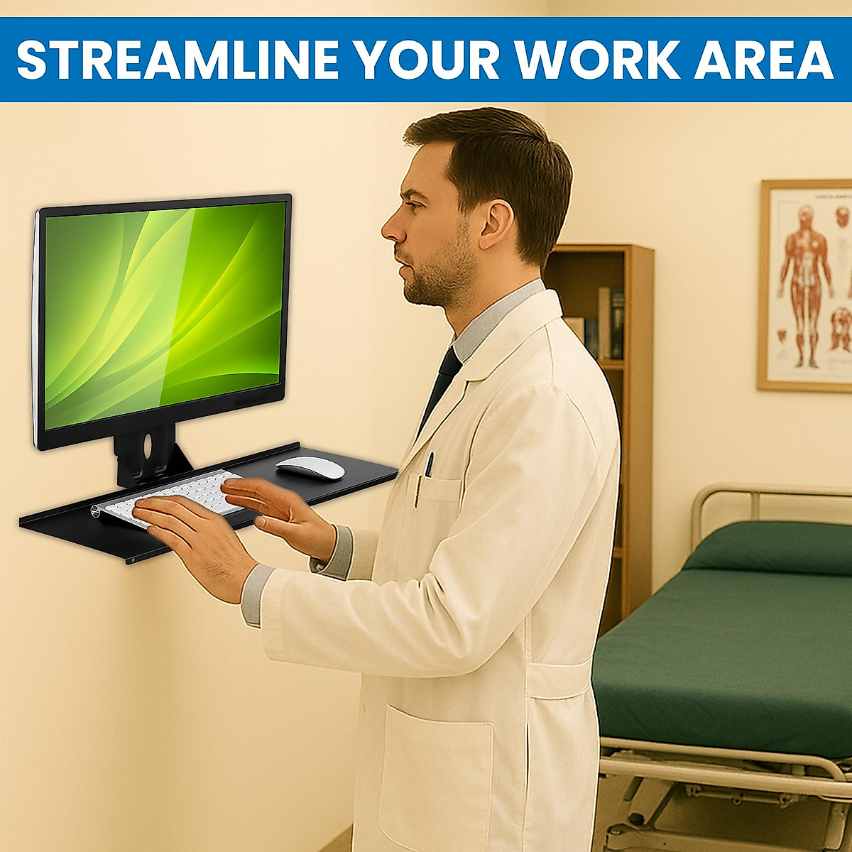 Mount-It! Monitor and Keyboard Wall Mount, Standing Workstation VESA Keyboard Tray Platform, 26 Inch Wide Platform with Surface for Mouse Pad (MI-7917)