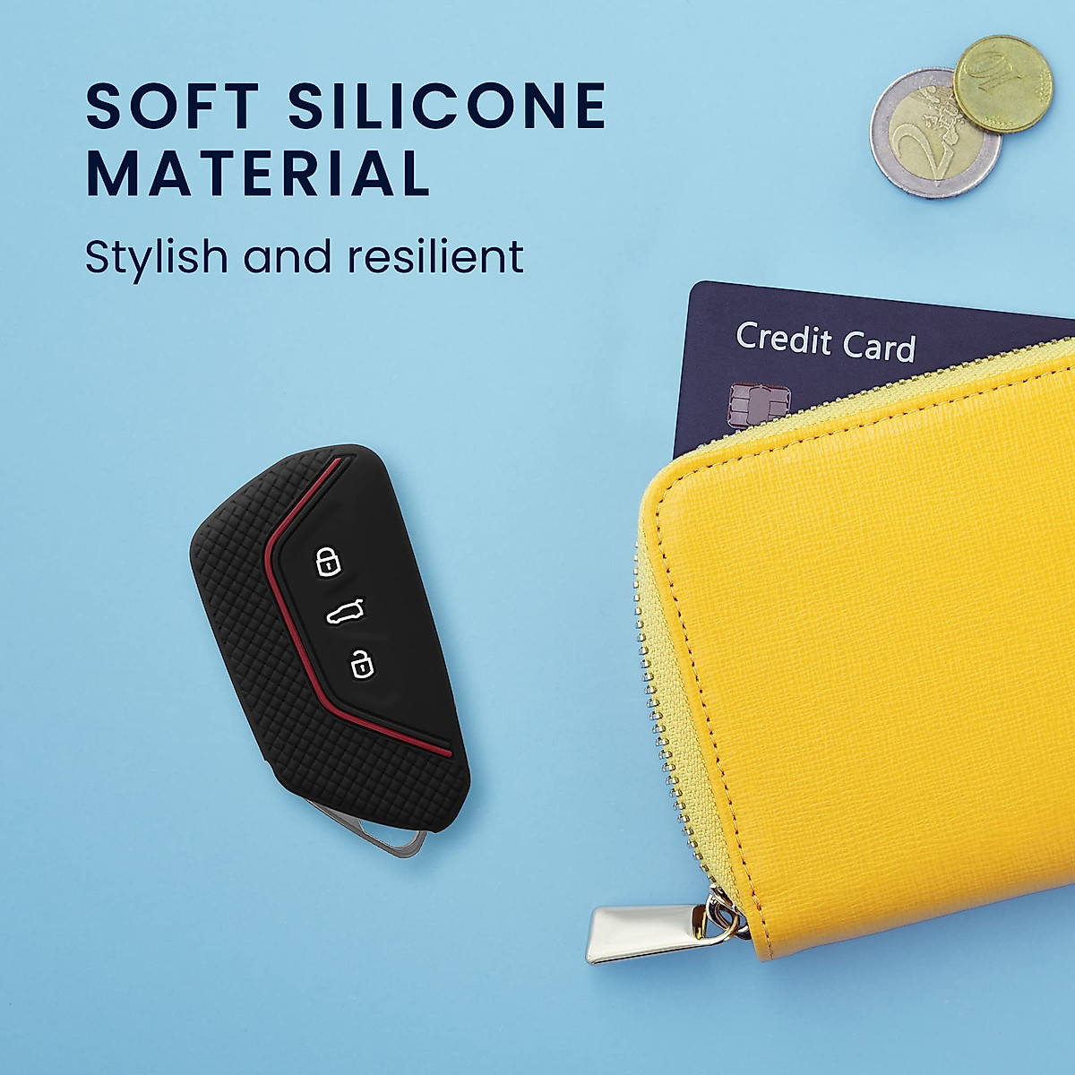 kwmobile Car Key Cover Compatible with VW Golf 8 3 Button Car Key Key Cover - Silicone Protective Car Key Fob Case - Black/Red