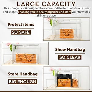 BagMania Clear Bag Box Storage Organizer 4Pack Stackable for Closet, Acrylic Magnetic Drop Down Door for Purse Handbag Shoes Wallet Books Clutch Toys