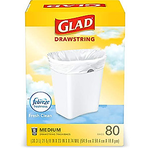 Glad Trash & Food Storage Medium Kitchen Drawstring Trash Bags 8 Gallon White Trash Bag, Fresh Clean Scent, 80 Count (Package May Vary)