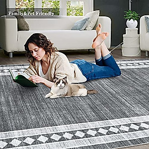 RUGSREAL Large Area Rug 8x10 Solid Rug Grey Bordered Rug Modern Geometric Boho Rug, Anti-Slip Backing Rugs for Living Room, Foldable Machine Washable Area Rug(8'x10', Grey)