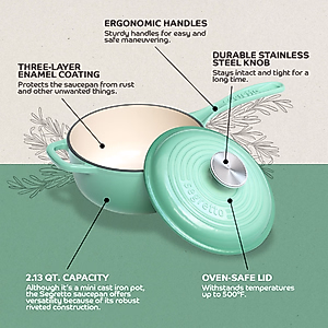 Small Sauce Pan with Lid, 2.13 QT Verde Chiaro (Light Green) Sauce Pot, Small Pot with Stay Cool Helper Handle and Tight-Fitting Lid-Segretto Cookware