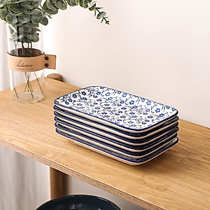 Selamica Ceramic 9.5 Inch Large Rectangular Salad Plates, Dinner Plates, Pasta Dessert Plates Serving Platters and Trays for Appetizer, Sushi, Fruit, Set of 6, Vintage Blue