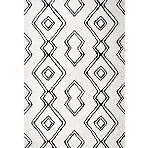 JONATHAN Y MOH401A-5 Deia Moroccan Style Diamond Shag Indoor Area-Rug Bohemian Geometric Easy-Cleaning Bedroom Kitchen Living Room Non Shedding, 5 X 8, White/Black