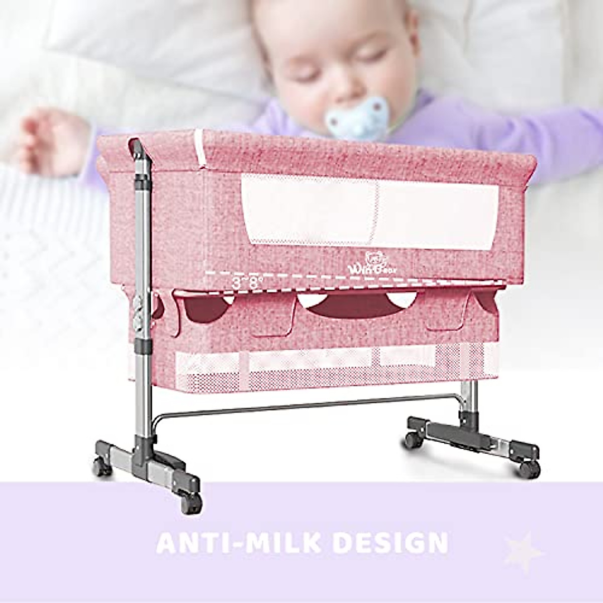 Napfox Baby Bassinet, Bedside Sleeper,Foldable Baby Bed to Bed, Adjustable Portable Bed for Infant/Baby/Newborn,with Mosquito Nets, Large Storage Bag, Comfortable Mattresses, Lockable Wheels(Pink)