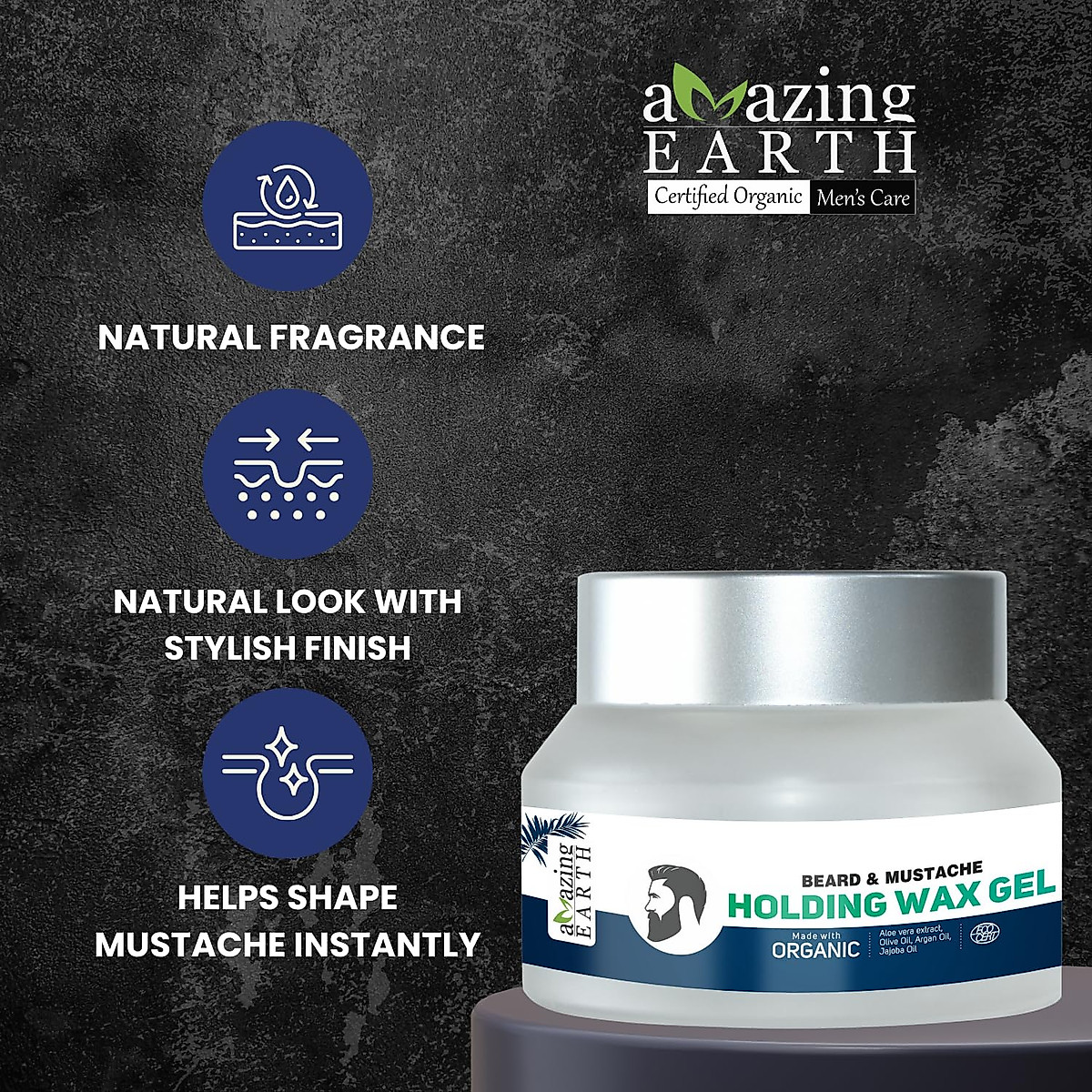 AMAzing Earth Beard & Mustache Holding Wax Gel for Men - Certified Organic, Strong Hold, Styling, Argan Oil, Chemical Free, 100% Vegan & Cruelty Free - 50gm