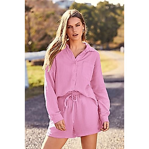PRETTYGARDEN Women's 2 Piece Tracksuit Outfit Long Sleeve Blouse High Waisted Drawstring Shorts Loungewear Set (Pink,Medium)