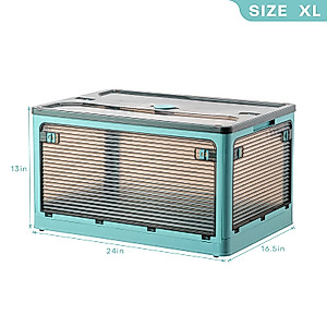 ANMINY 6PCS Lidded Plastic Storage Bins 89QT 5-Door Collapsible Stackable Portable Crate Clear Storage Box Bulk Container Basket with Wheels Handles Lid for HomeTravel Car Truck - Green, Extra Large