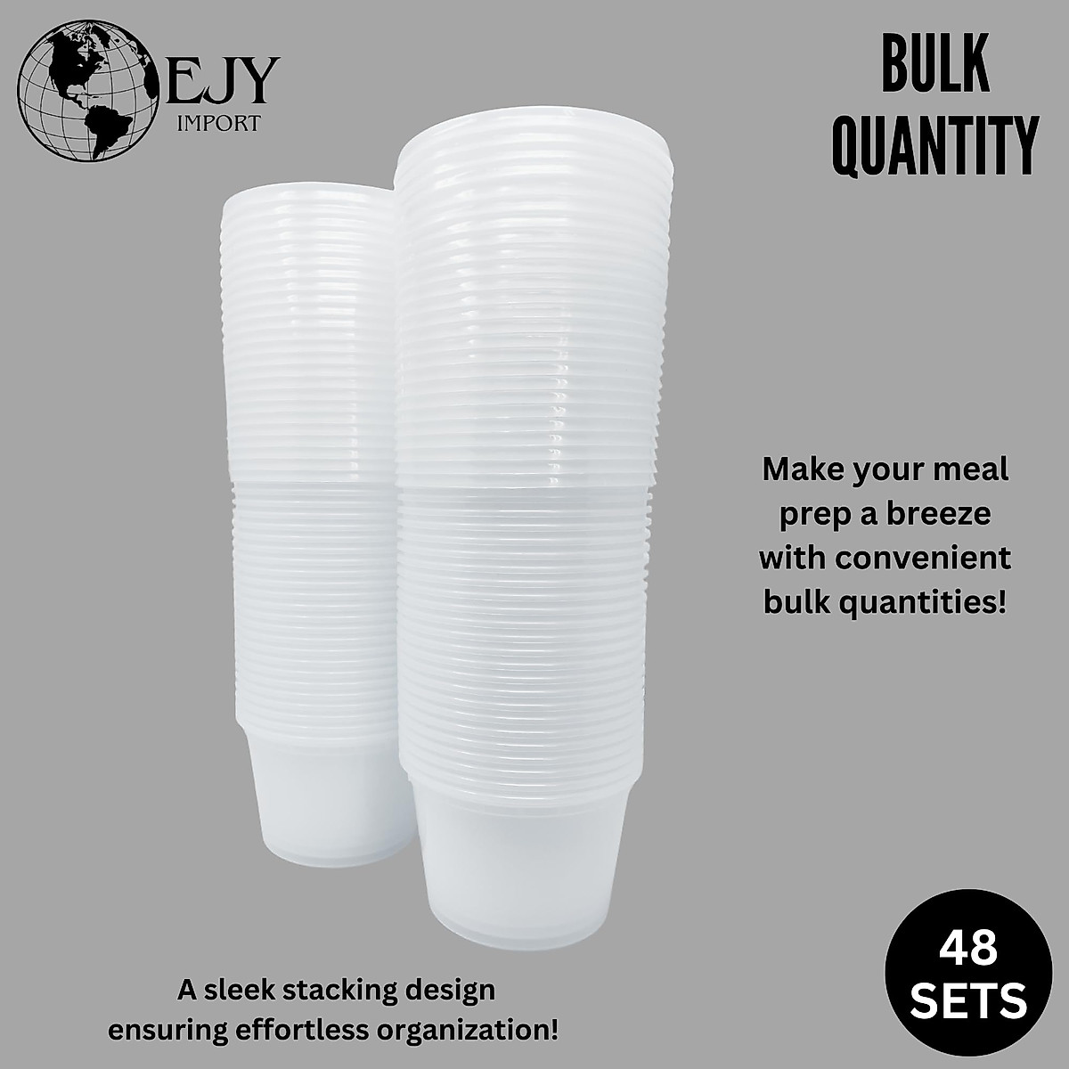 EJY IMPORT Clear Plastic Deli Containers with Lids - Ideal for Soup, Meal Prep & Food Storage, Disposable, Stackable - Safe for Microwave/Dishwasher/Freezer - BPA Free & Leakproof (16 OZ - 48 SETS)