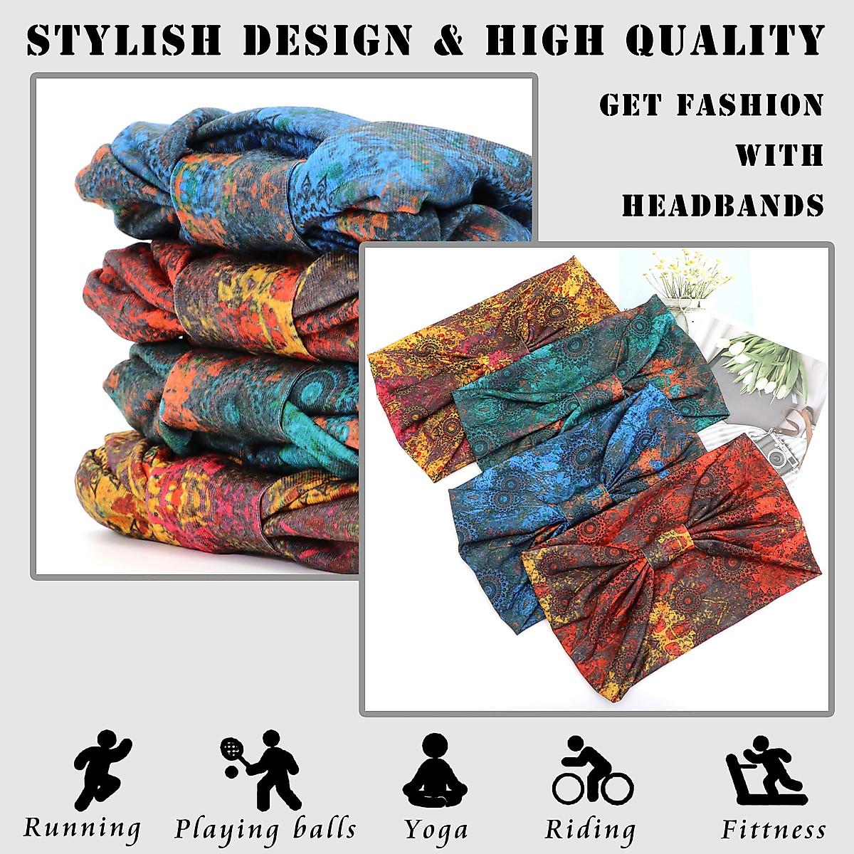 FULZTEY Fashion Boho Headbands for Women Knotted Wide Hair Bands Soft Fabric Bandanas Non Slip Elastic Headwrap Workout Sport Sweat Turban Stylish Hair Accessories for Teen Girls 4Pcs
