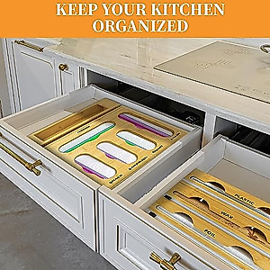 Alicenize 9 IN 1 Ziplock Bag Storage Organizer for Kitchen Drawer and Plastic Wrap Dispenser with Cutter | Bamboo Foil and Plastic Wrap Organizer | Compatible with a variety size of storage bags