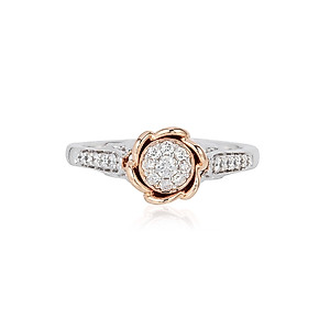 Jewelili Enchanted Disney Fine Jewelry 14K White Gold and Rose Gold 1/4 Cttw Diamond Belle Rose Engagement Ring, Size 6
