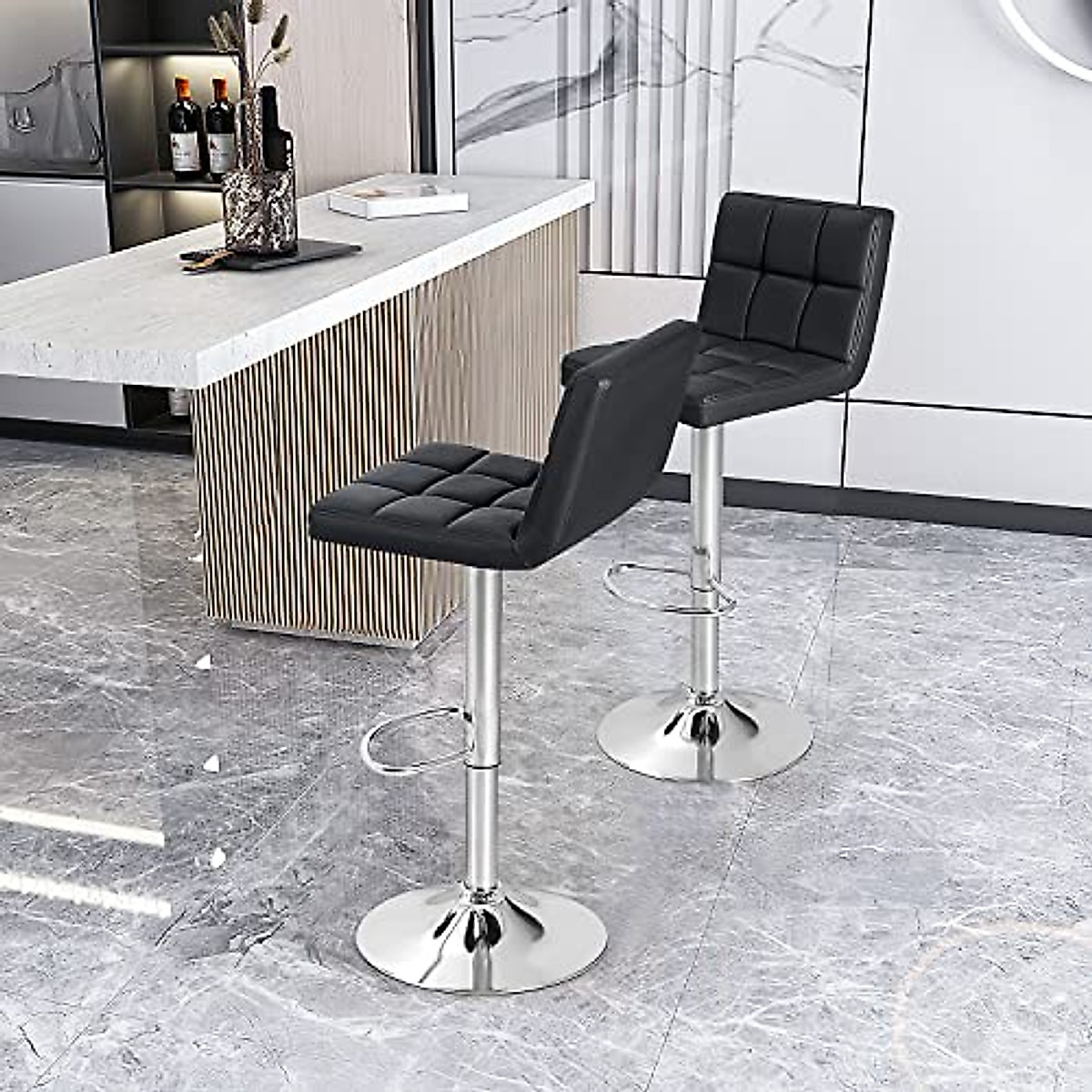 GUNJI Bar Stools Modern PU Leather Adjustable Barstools with Back Armless Hydraulic Kitchen Counter Height Swivel Bar Stool Set of 2 (Black)