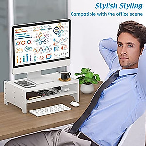 Monitor Stand Riser with Storage Organizer Bamboo 3-Height Adjustment 16.7 inch Desktop Monitor Stand for Office and Home Use (White)