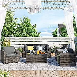 Simicase Outdoor Patio Furniture Sets, 7-Piece Patio Wicker Sofa, Cushions, Chairs, a Loveseat, a Table and a Storage Box