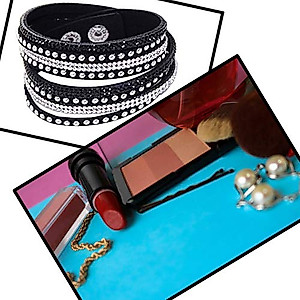 KUIYAI Wrap Leather Bracelet with Bling Bling Crystal Rhinestones and Snap buttons (Black)