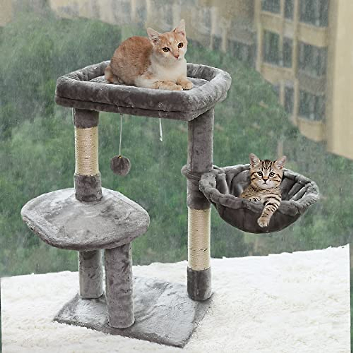 SYANDLVY Small Cat Tree for Indoor Cats, Modern Cat Tower with Scratching Post for Kittens, Climbing Stand with Basket & Hanging Ball for Play Rest