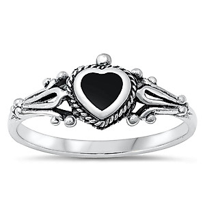 Vintage Heart Simulated Black Onyx Polished Ring New .925 Sterling Silver Band Size 5