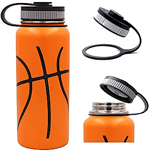 32 oz Basketball Water Bottle, Wide Mouth Thermo Flask with 2 Lids, BPA Free Stainless Steel Double Wall Vacuum Insulated Sports Water Bottles, Basketball Gifts for Boys Girls Player Coach