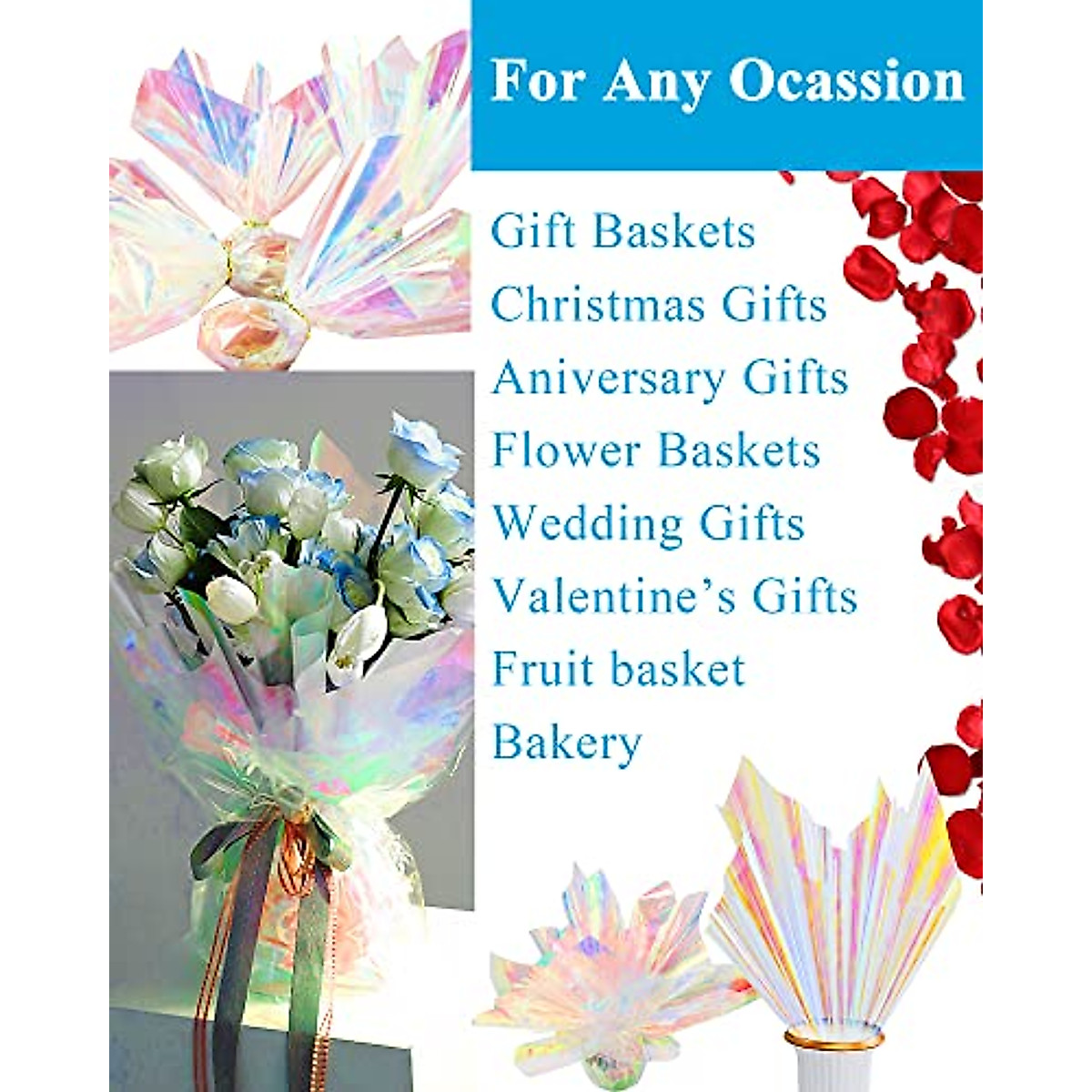 35 in x 50 ft Iridescent Cellophane Wrap Roll – Rainbow Cellophane Roll, Iridescent Film Cellophane Bags Large, Rainbow Wrapping Paper for Flower Gift Baskets Wrap DIY Wrapping (35" fold into 17.5")