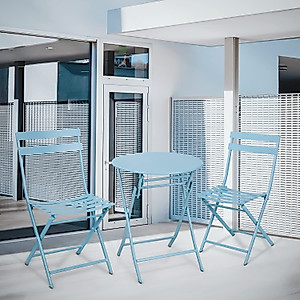 MoNiBloom 3 Piece Patio Bistro Set, Folding Outdoor Metal Patio Furniture Sets Round Table and Chairs for Porch Yard Balcony Garden, Blue