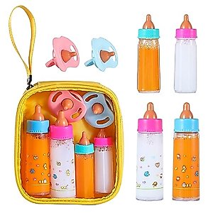 Kaydora Magic Disappearing Milk and Juice Bottles with Pacifiers for Baby Doll Accessories,6 Pieces Pretend Play Feeding Toy Set, 4 Bottles and 2 Pacifiers