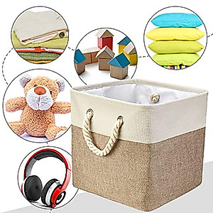 i BKGOO Cube Storage Bins，Foldable Canvas Storage Basket,3-Pack Collapsible Sturdy Fabric Organizing Basket with Cotton Handles for Home Office Shelf Clothes White-Khaki 13×13×13 inch
