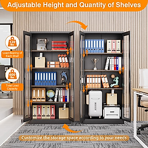 LISSIMO Tall Bookcase Storage Cabinet with Tempered Glass Door,Metal Display Cabinet with 4 Adjustable Shelves,5-Tier Curio Cabinet Liquor Cabinet for Home,Study,Living Room and Office (Black)