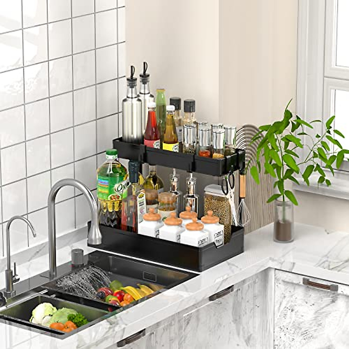 Mastom Under Sink Organizers and Storage, Kitchen Bathroom Sink Organizer with Hooks, 2 Tier L Shaped Pull Out Under Cabinet Basket Storage with Sliding Drawers, Black