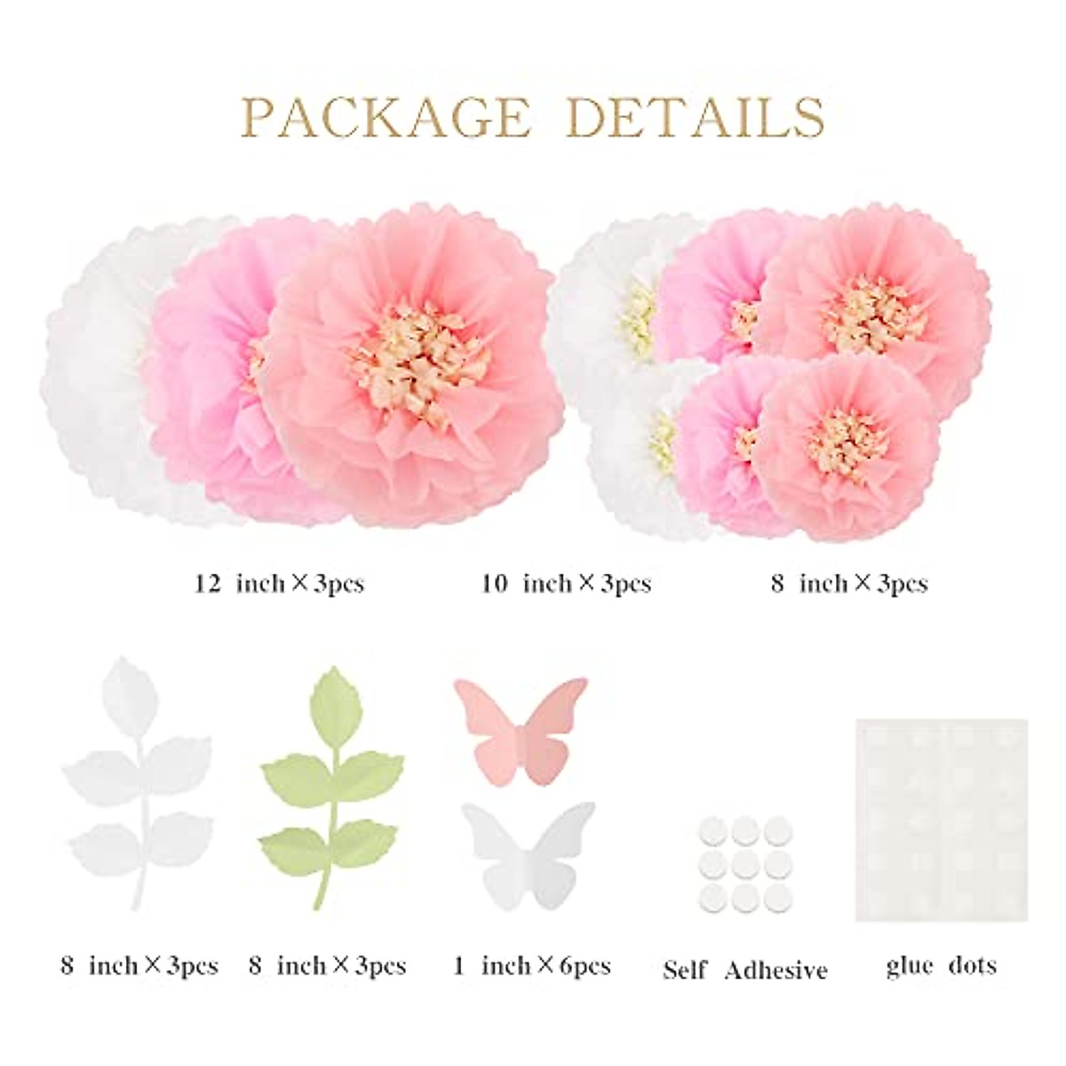Komiikka Tissue Paper Flowers Decorations for Wall, Tissue Pom Poms Chrysanth Flowers DIY Crafting for Baby Shower, Girl Birthday Party, Nursery Wall Decorations (White Pink)