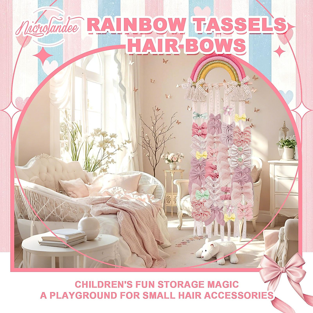 NICROLANDEE Rainbow Tassels Hair Bows Holder Hanging - Baby Hair Accessories Storage Headband Holder Hair Clips Organizer Wall Hanger Decor for Baby Girls Room Ornament (Pink Yellow)