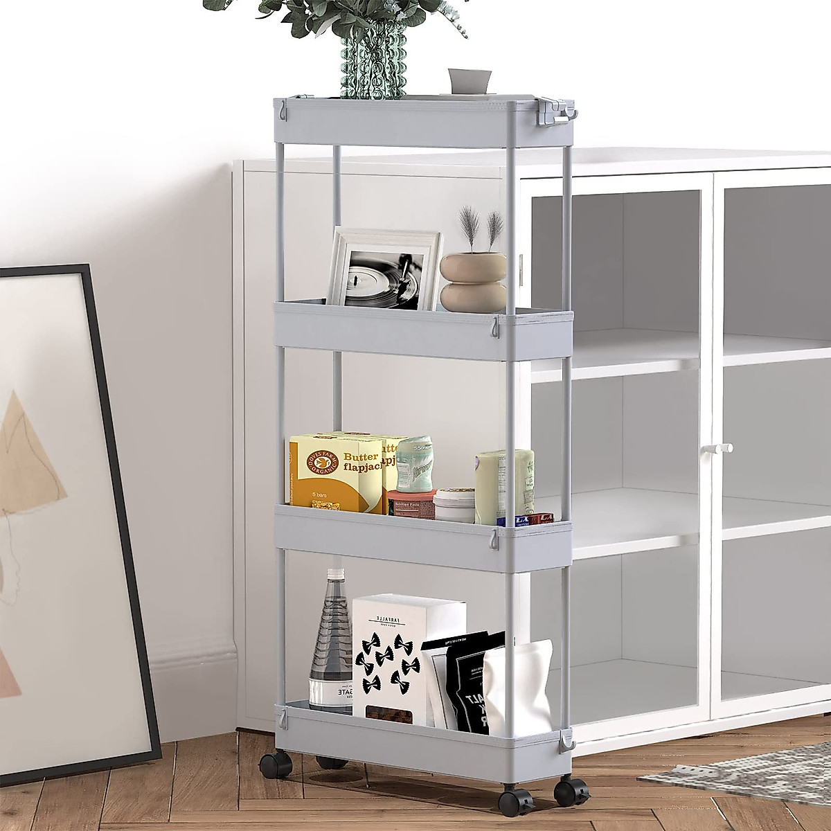 SPACELEAD Slim Storage Cart 4 Tier,Bathroom Organizer Rolling Utility,Mobile Shelving Unit Slide Out for Office, Kitchen, Laundry Room & Narrow Places,Gray