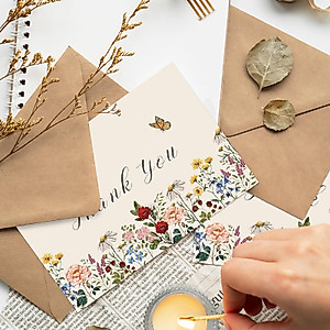 JarThenaAMCS 50 Pack Wildflower Thank You Cards Vintage Flower Greeting Cards Floral Blank Note Cards with Kraft Envelope Sticker for Birthday Wedding Bridal Shower, 4 x 6 Inch