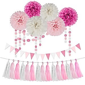 Hot Pink White Party Decorations - 23pcs Tissue Paper Flower Pom Poms Tassel Garland Pennant Banner Flags Streamers Women Girl Birthday Baby Bridal Shower Engagement Bachelorette Wedding Hanging Decor