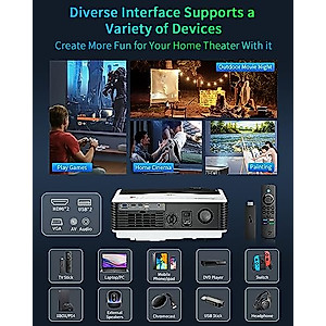 Native 1080P Full HD Video Projector for Outdoor Moives 200'' Display 9000 Lumens Wireless Bluetooth WiFi Projector Smart Home Theater Projector Gaming,Zoomable,10W Speakers,iOS,Android,TV Stick