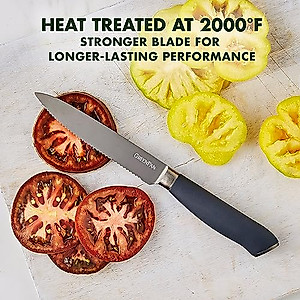 GreenPan Cutlery Knife and Cutting Board 3 Piece Set, Stainless Steel Titanium Coated Blades, Ergonomic Slip-Resistant Handles, 8” Chef’s and 5” Serrated Knife, 11” x 14” Acacia Wood Board, Gray