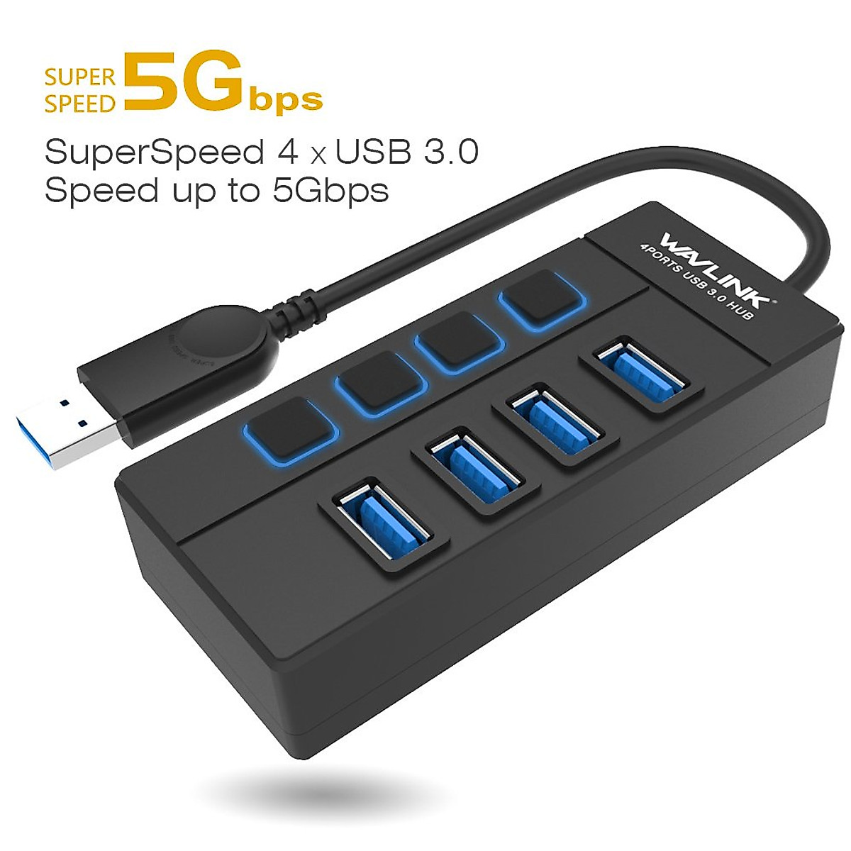 4 Port USB 3.0 Hub,Wavlink USB Hub with Individual Power Switches and LEDs Super Speed 5Gbps Data Transfer Hub for Mac Laptop Ultrabook and Tablet PC
