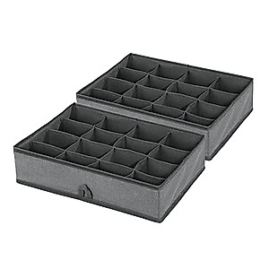 mDesign Soft Fabric Dresser Drawer and Closet Storage Organizer Tray - 16 Sections for Lingerie, Bras, Socks, Leggings, Underwear, Jewelry, Scarves - Textured Print, 2 Pack - Charcoal Gray/Black