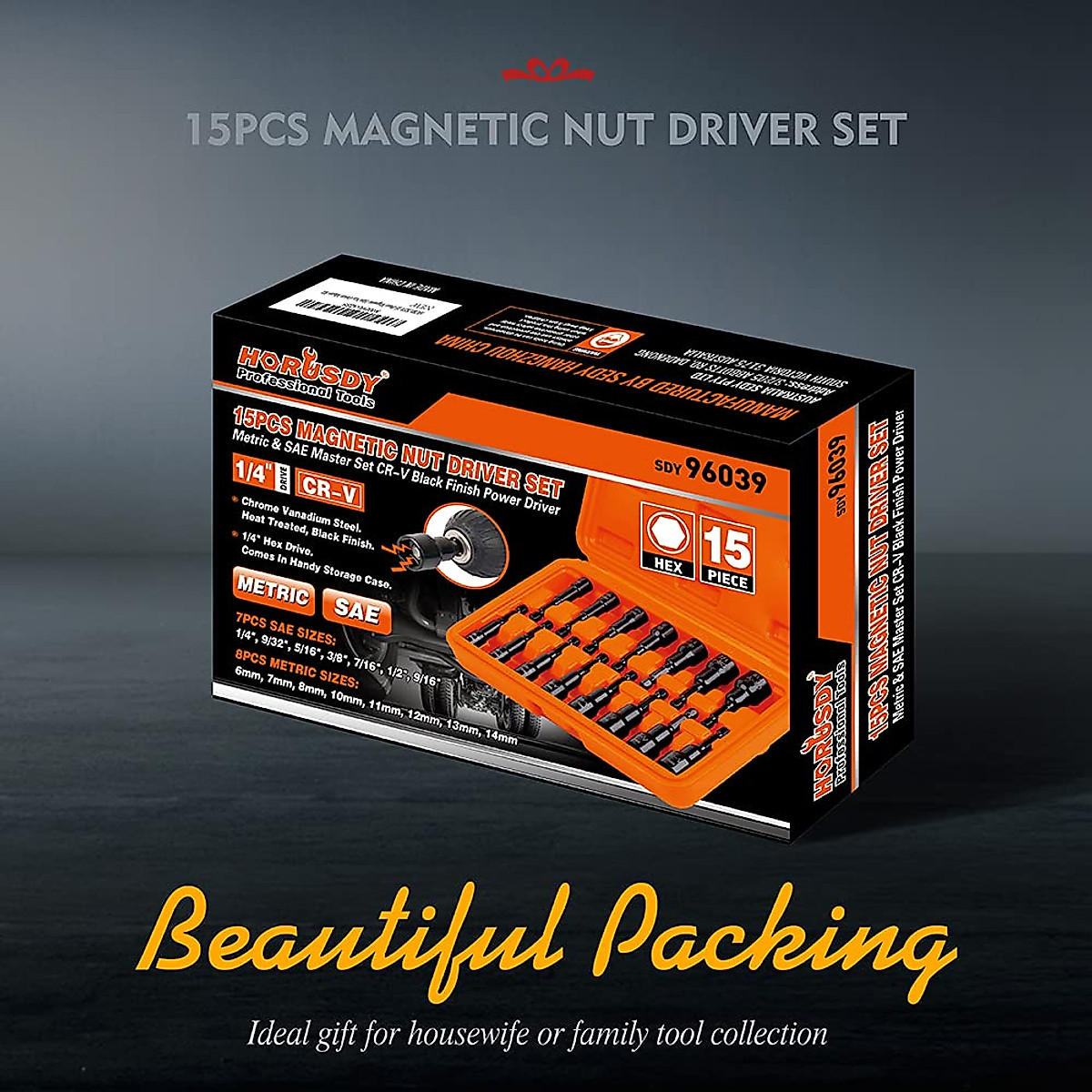 HORUSDY Magnetic Nut Driver Set | 15-Piece | Impact Nut Driver Set | SAE (1/4" to 9/16") and Metric (6-14mm) | Chrome Vanadium Steel | 1/4" Hex Shank